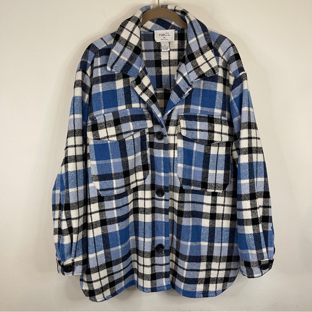 Rue21 Blue And White Plaid Flannel Jacket Shacket Siz… - Gem